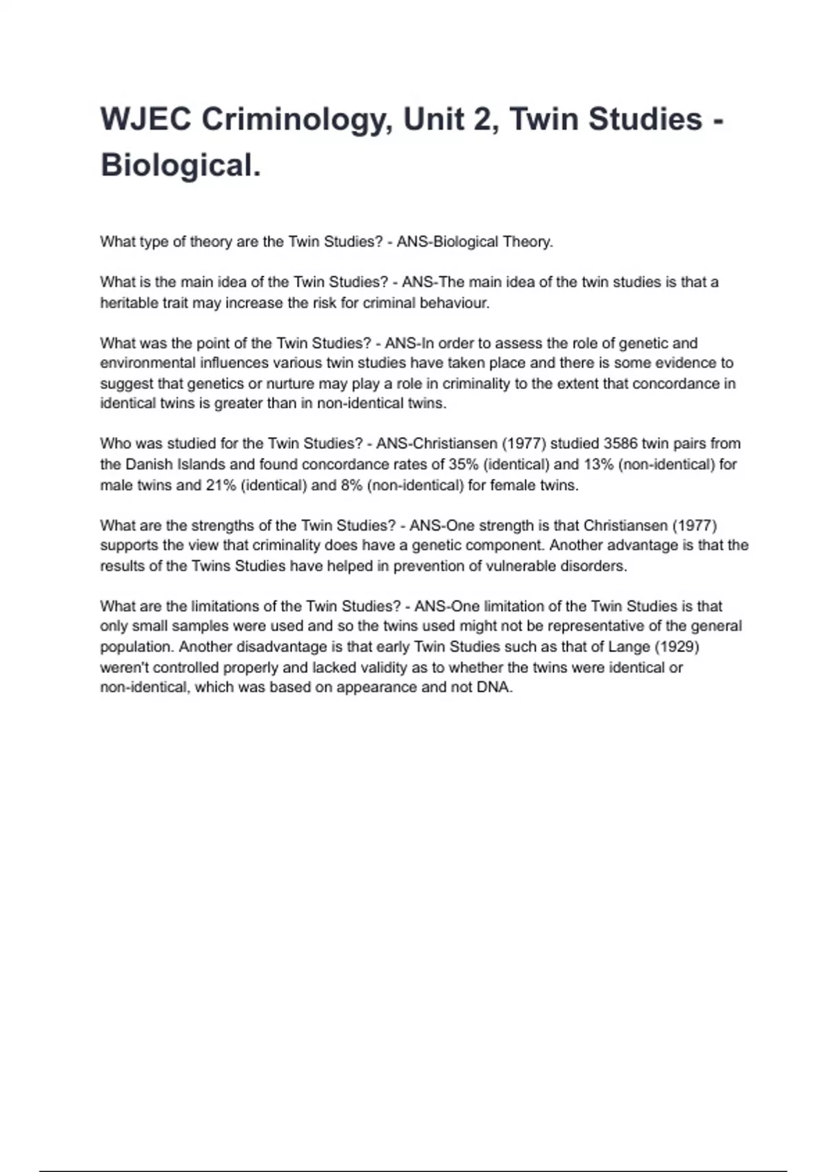 WJEC Criminology, Unit 2, Twin Studies - Biological Questions and ...