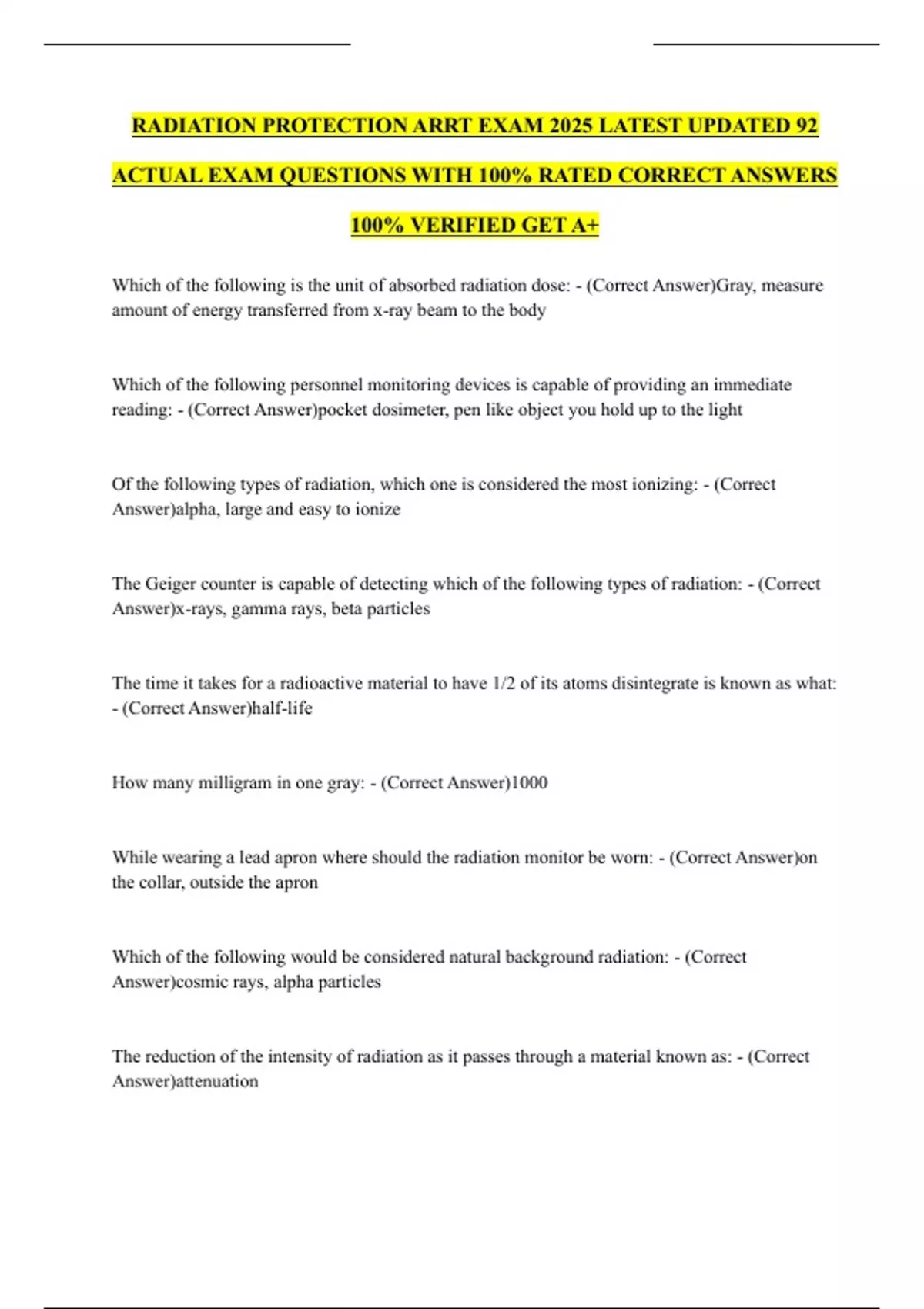 PACKAGE DEAL FOR Radiation Protection: ARRT Board EXAM 2025 LATEST ...