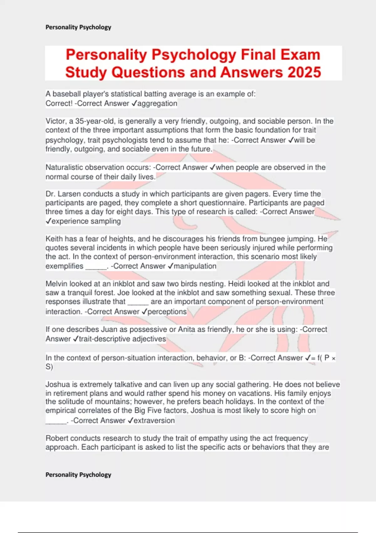 Personality Psychology Final Exam Study Questions and Answers 2025 ...