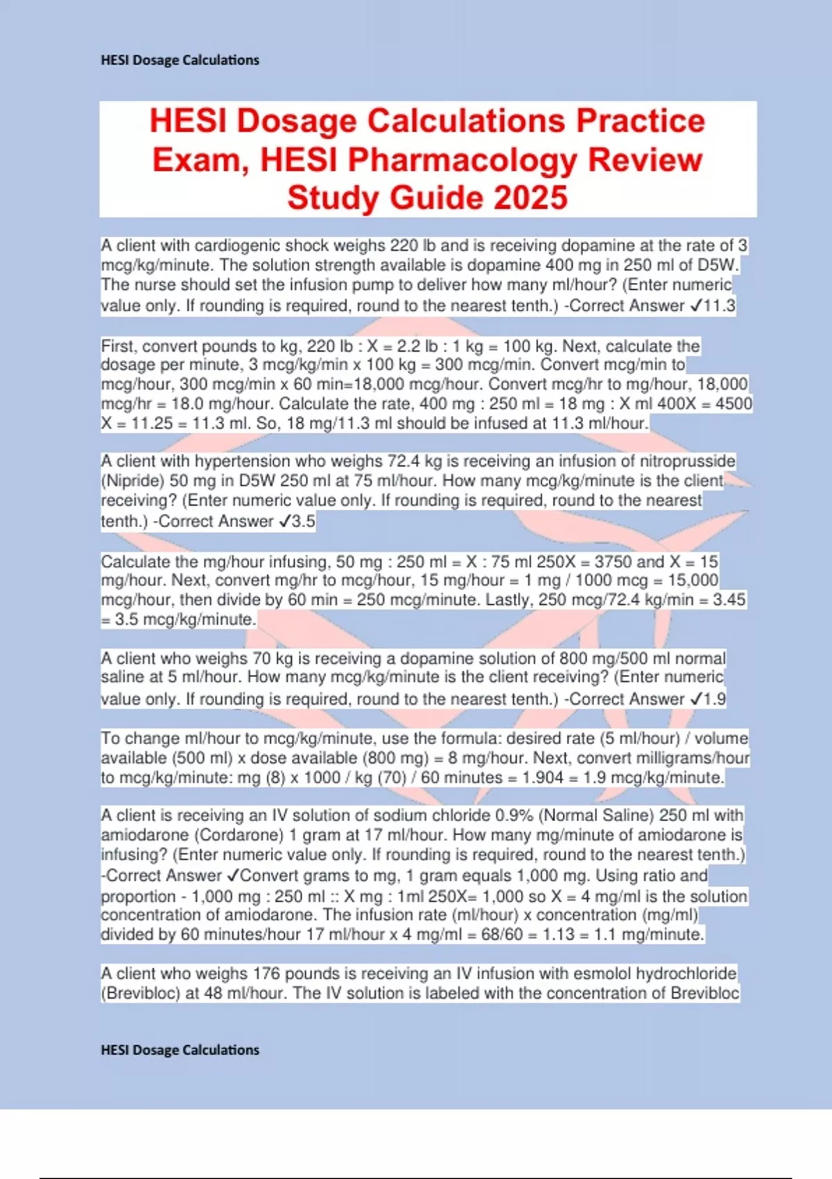 HESI Dosage Calculations Practice Exam, HESI Pharmacology Review Study ...