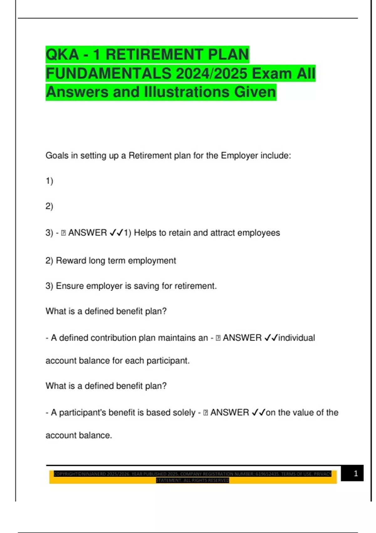 QKA - 1 RETIREMENT PLAN FUNDAMENTALS 2024/2025 Exam All Answers and ...