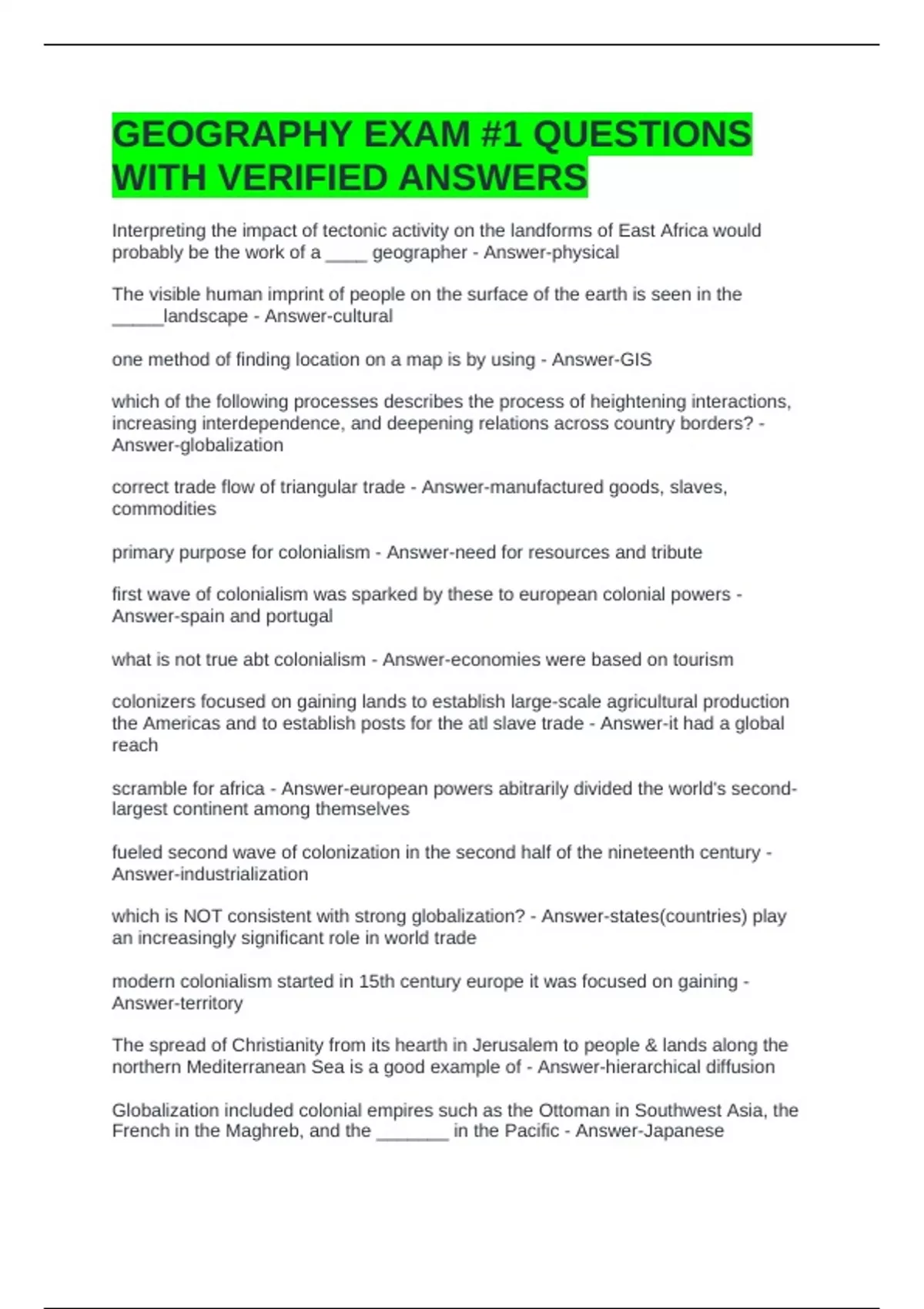 GEOGRAPHY EXAM #1 QUESTIONS WITH VERIFIED ANSWERS - World Regional Geography - Stuvia US