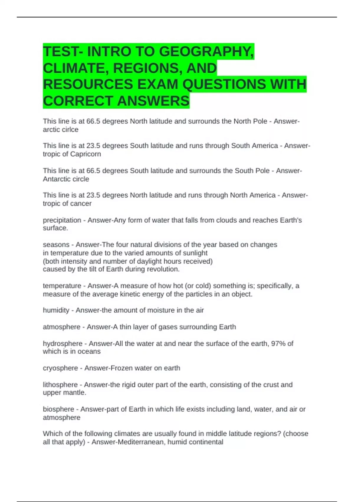 TEST- INTRO TO GEOGRAPHY, CLIMATE, REGIONS, AND RESOURCES EXAM ...