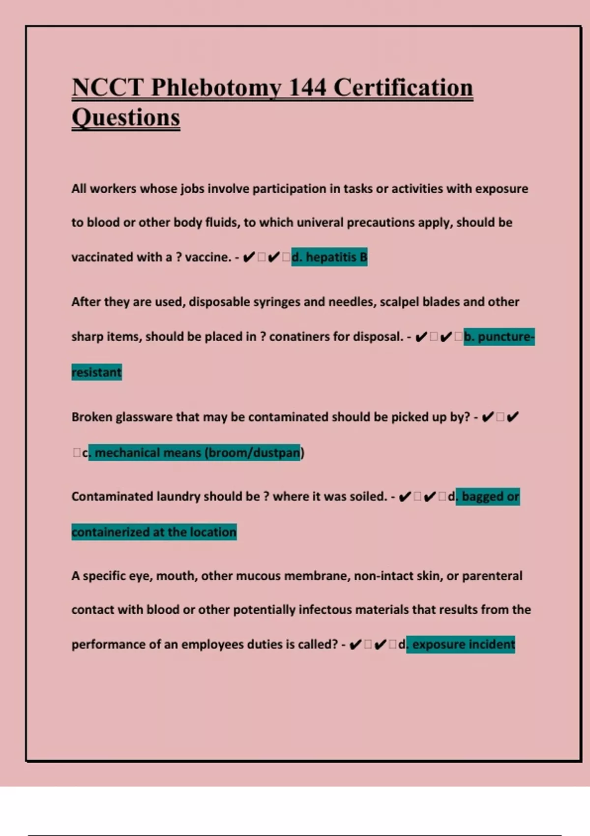 NCCT Phlebotomy 144 Certification Questions With 100% Correct Complete ...