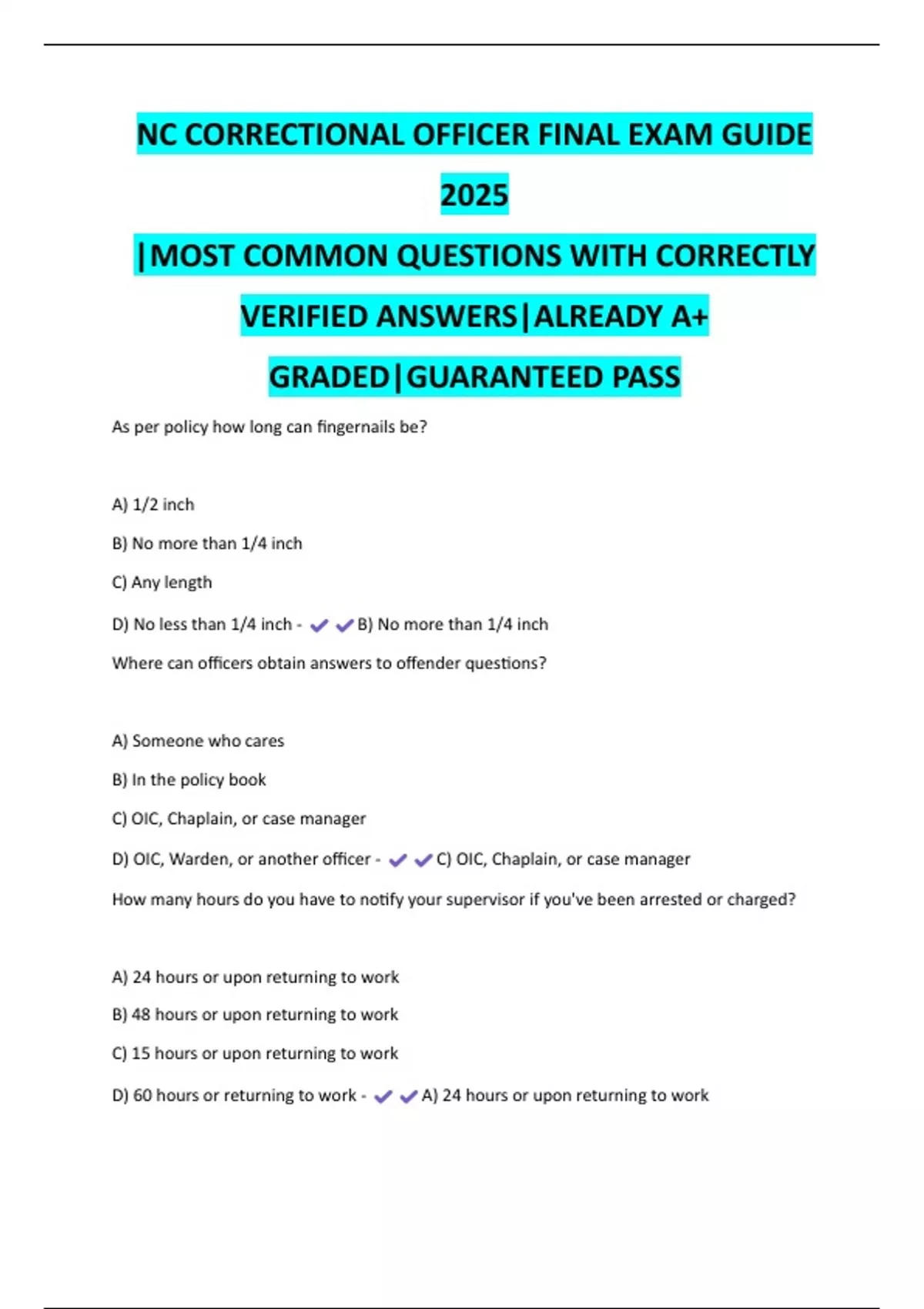 NC CORRECTIONAL OFFICER FINAL EXAM GUIDE 2025 |MOST COMMON QUESTIONS ...