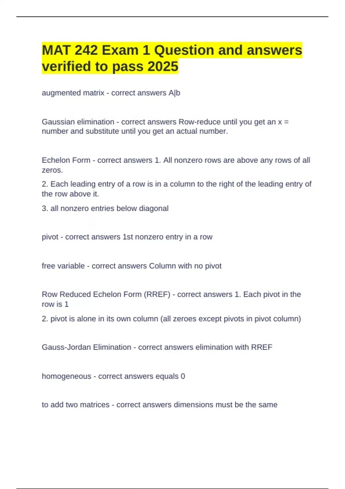 MAT 242 Exam 1 Question and answers verified to pass 2025 - MAT 242 - Stuvia US