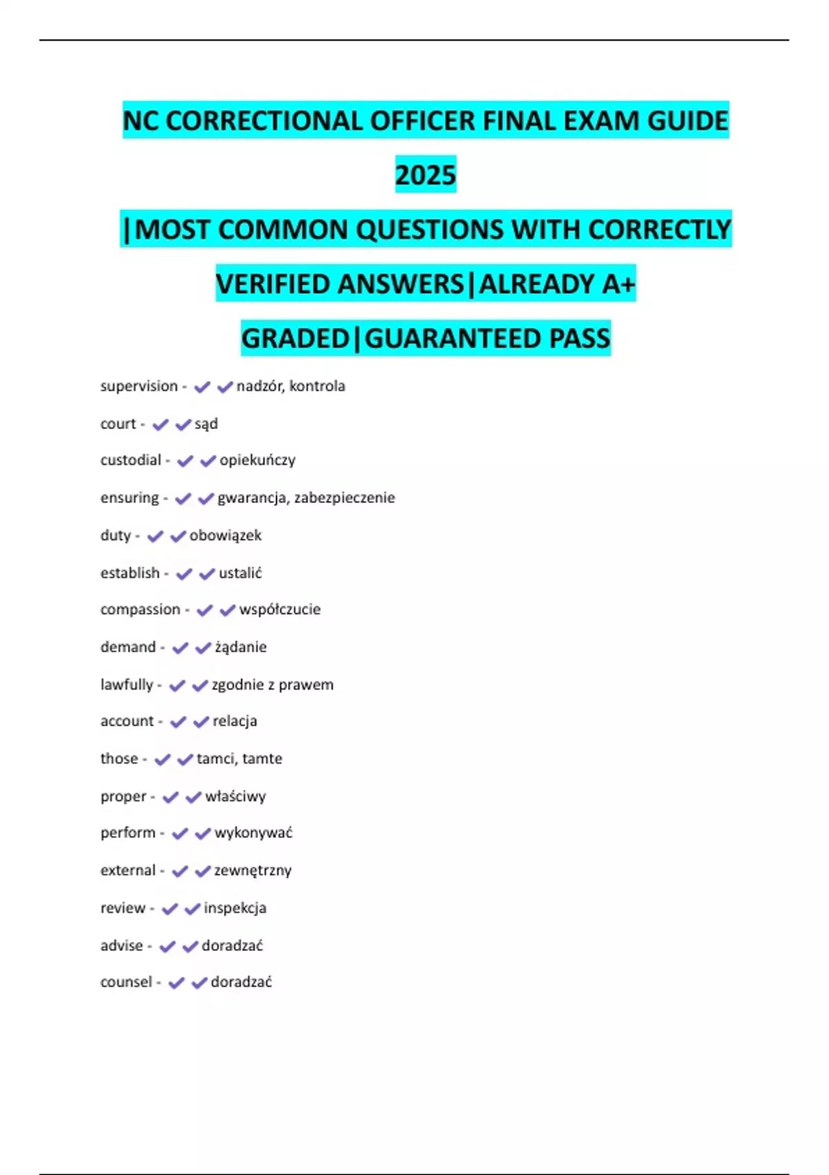 NC CORRECTIONAL OFFICER FINAL EXAM GUIDE 2025 |MOST COMMON QUESTIONS ...
