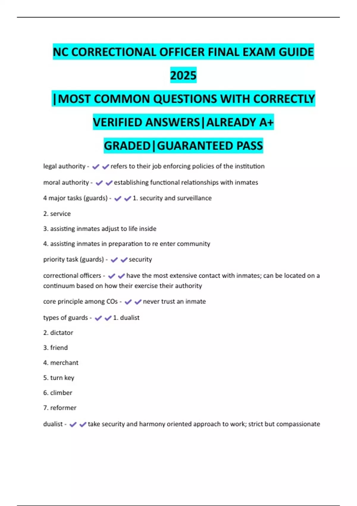 NC CORRECTIONAL OFFICER FINAL EXAM GUIDE 2025 |MOST COMMON QUESTIONS ...