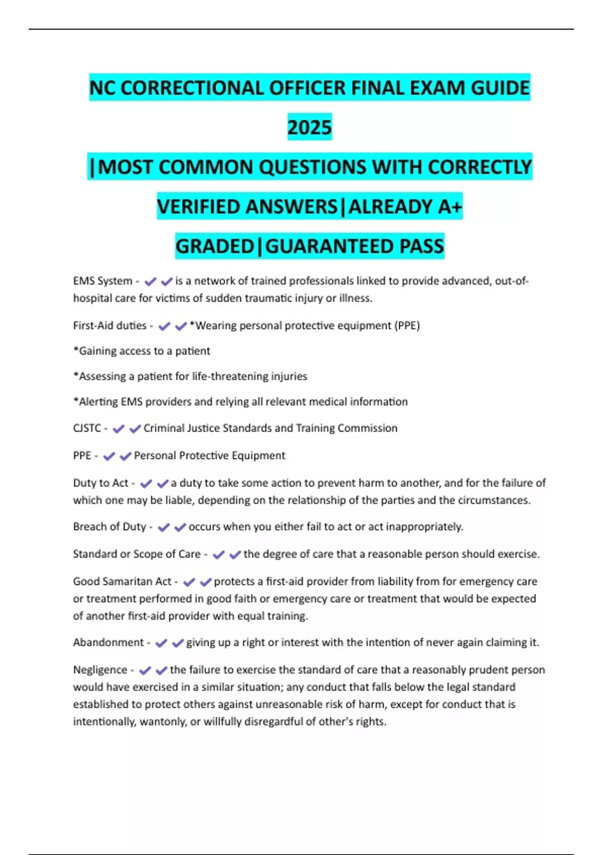 NC CORRECTIONAL OFFICER FINAL EXAM GUIDE 2025 |MOST COMMON QUESTIONS ...