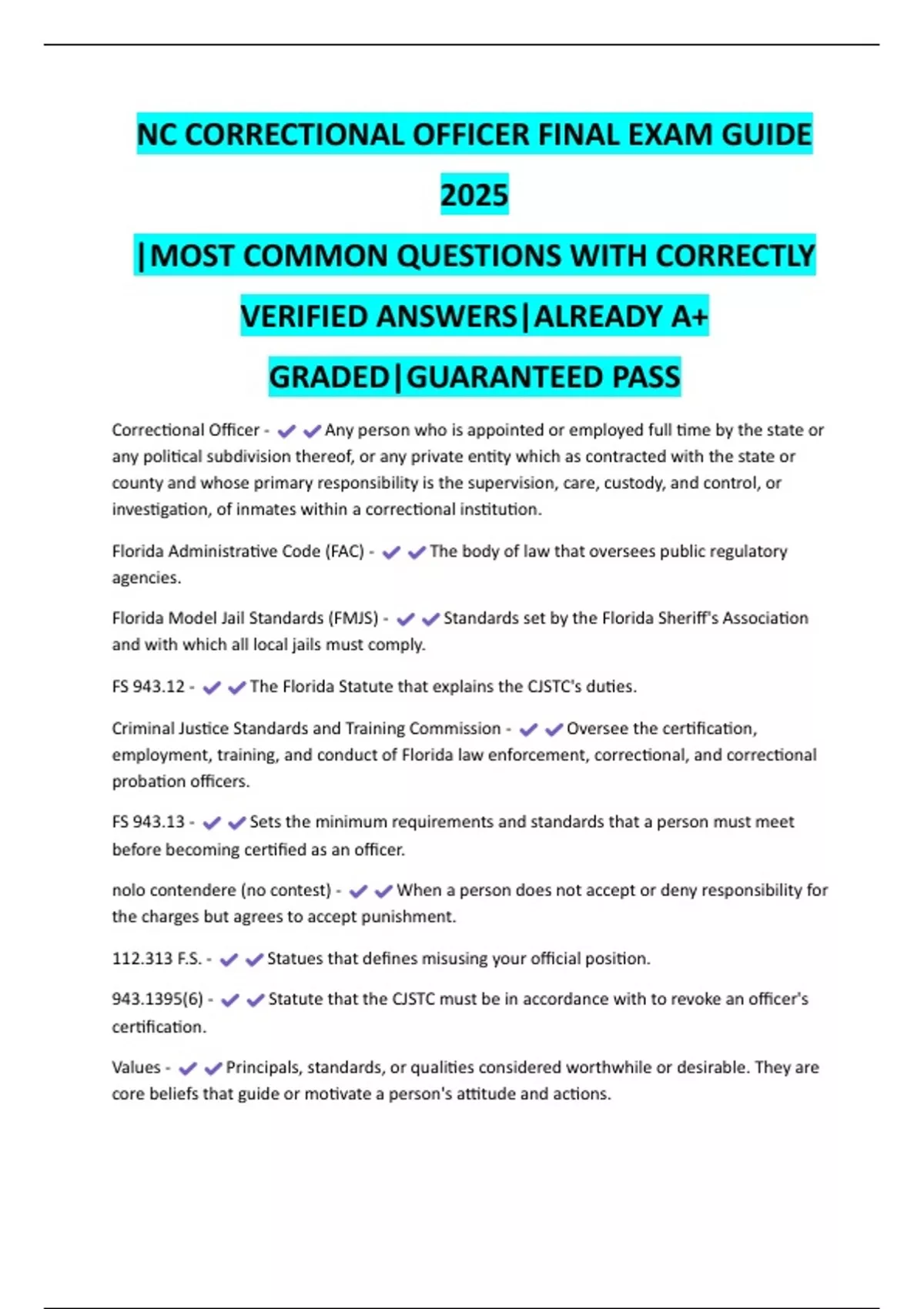 NC CORRECTIONAL OFFICER FINAL EXAM GUIDE 2025 |MOST COMMON QUESTIONS ...