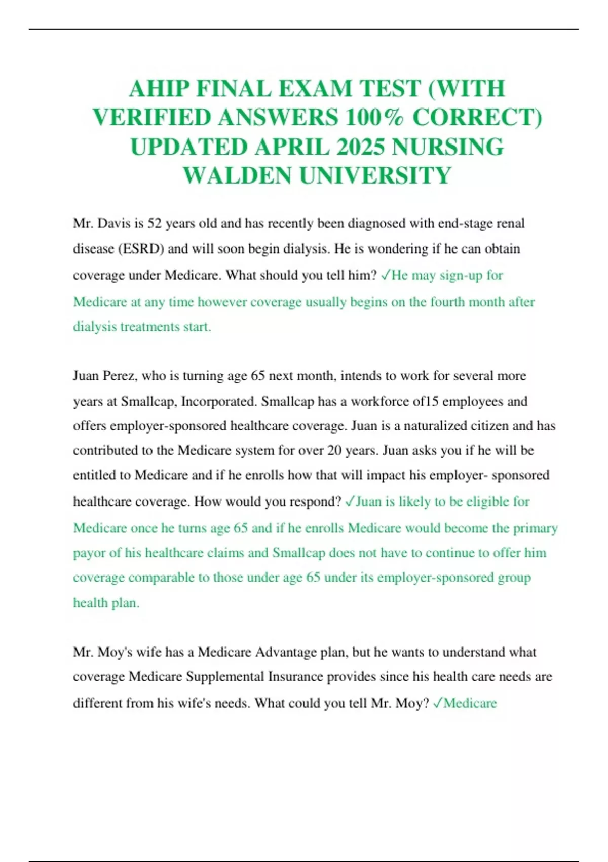 AHIP FINAL EXAM TEST (WITH VERIFIED ANSWERS 100- CORRECT) UPDATED APRIL ...