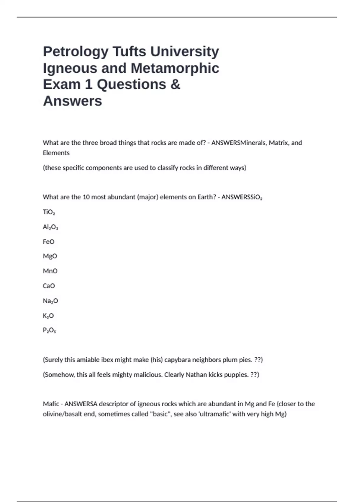 Petrology Tufts University Igneous and Metamorphic Exam 1 Questions ...
