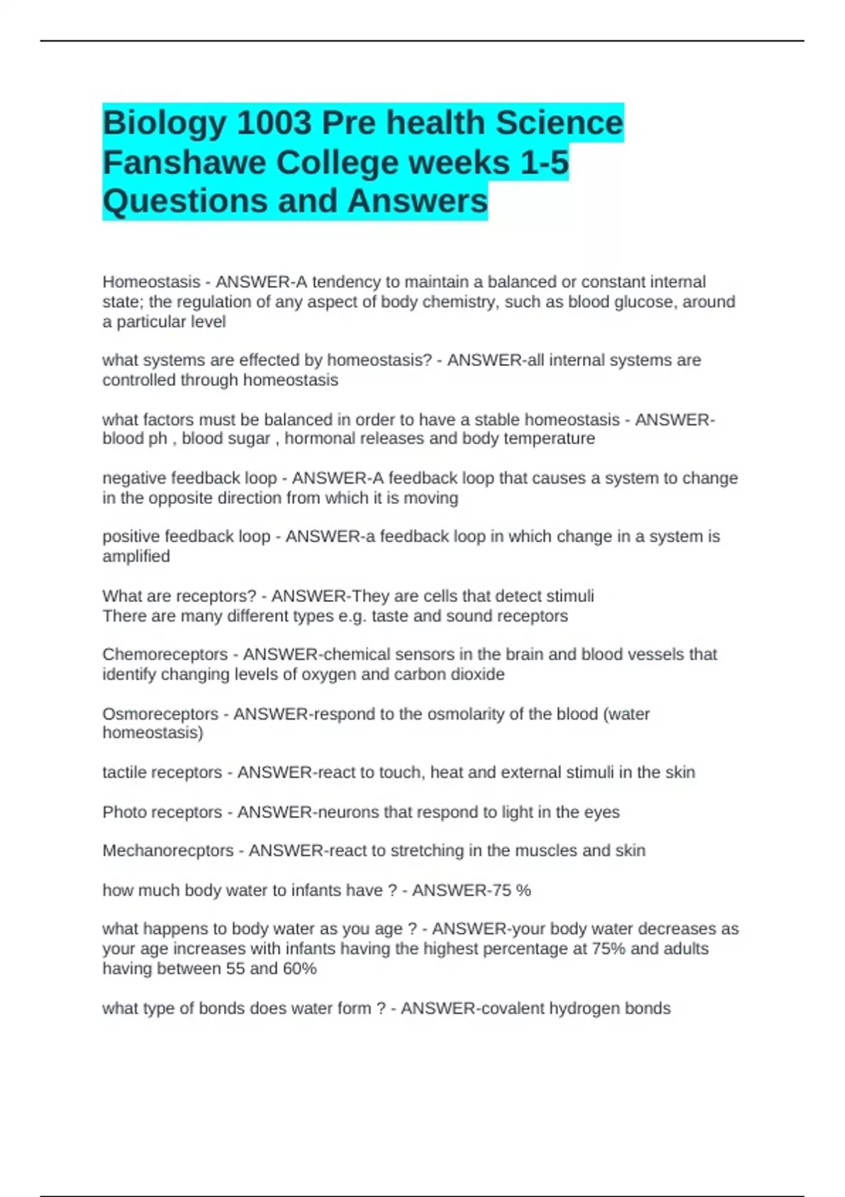 Biology 1003 Pre health Science Fanshawe College weeks 1-5 Questions ...