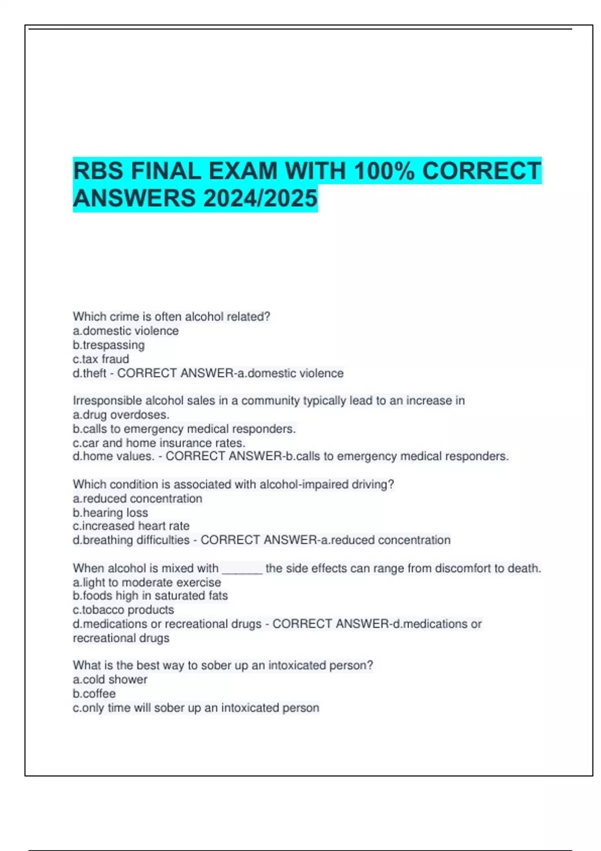 RBS FINAL EXAM WITH 100% CORRECT ANSWERS 2024/2025 - Rbs - Stuvia US
