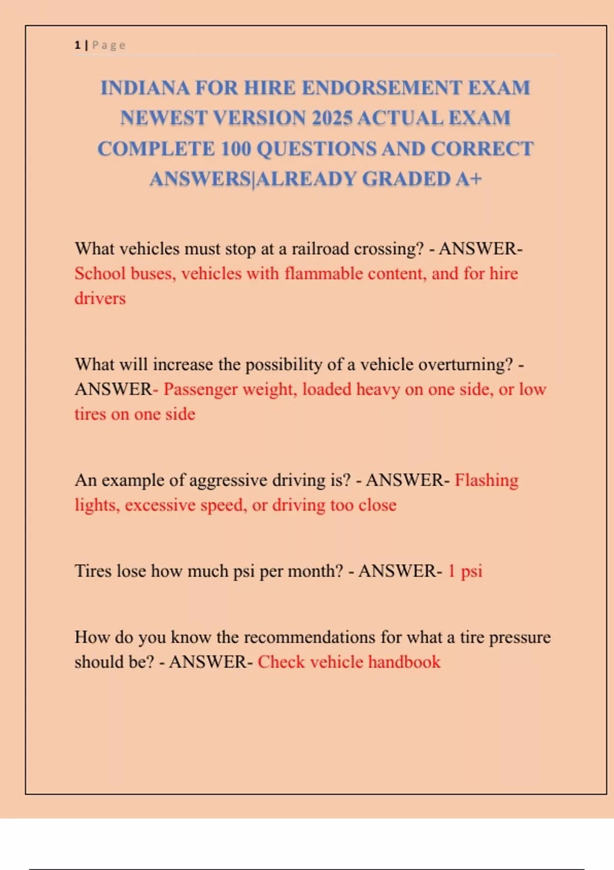 INDIANA FOR HIRE ENDORSEMENT EXAM NEWEST VERSION 2025 ACTUAL EXAM ...