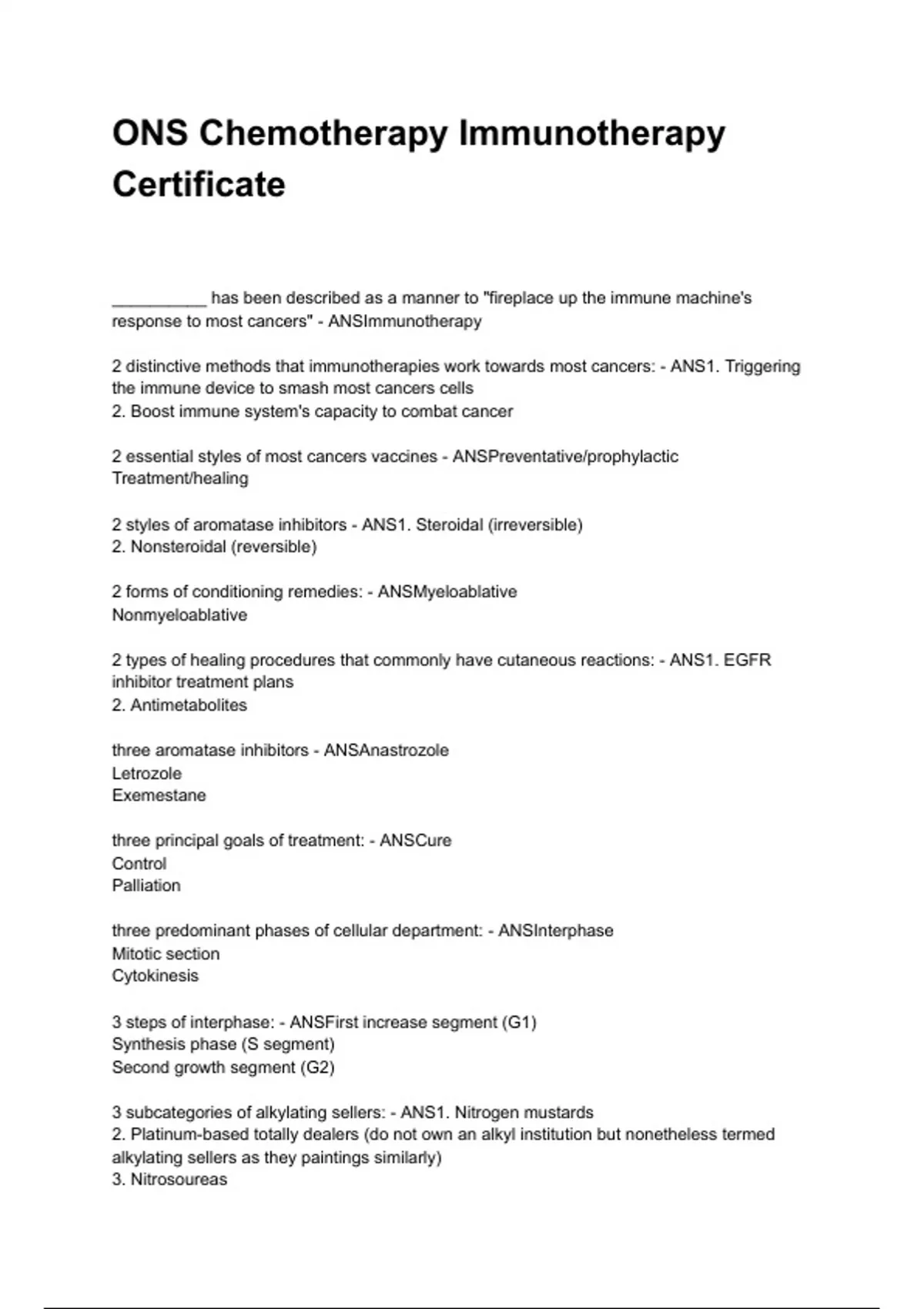 ONS Chemotherapy Immunotherapy Certificate NEWEST 2025/2026 ACTUAL EXAM ...