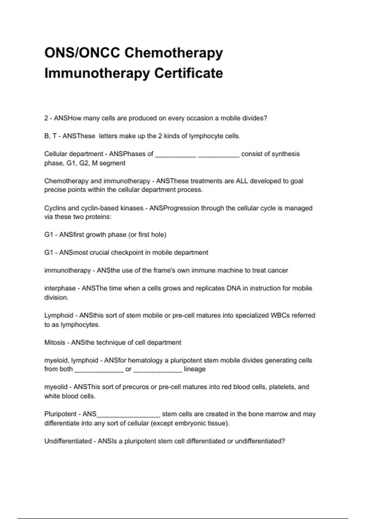 ONS/ONCC Chemotherapy Immunotherapy Certificate NEWEST 2025/2026 ACTUAL ...