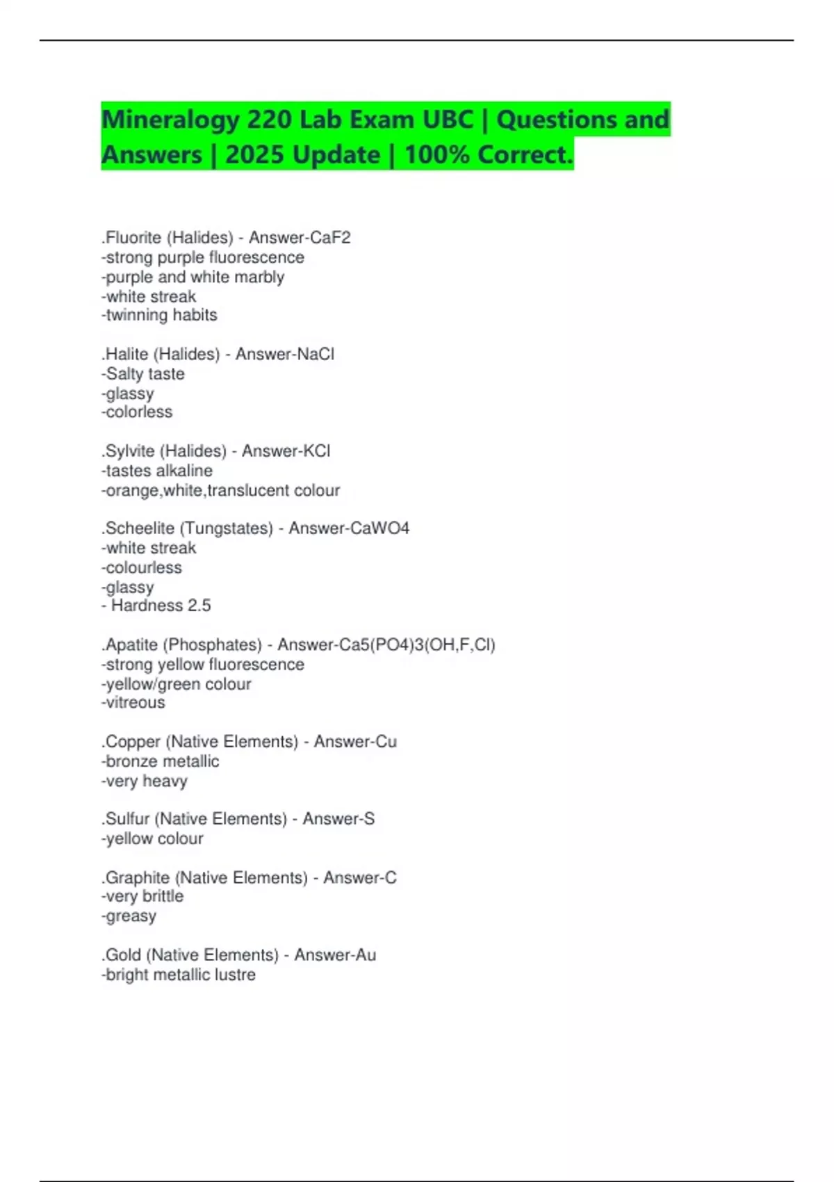 Mineralogy 220 Lab Exam UBC | Questions and Answers | 2025 Update | 100 ...