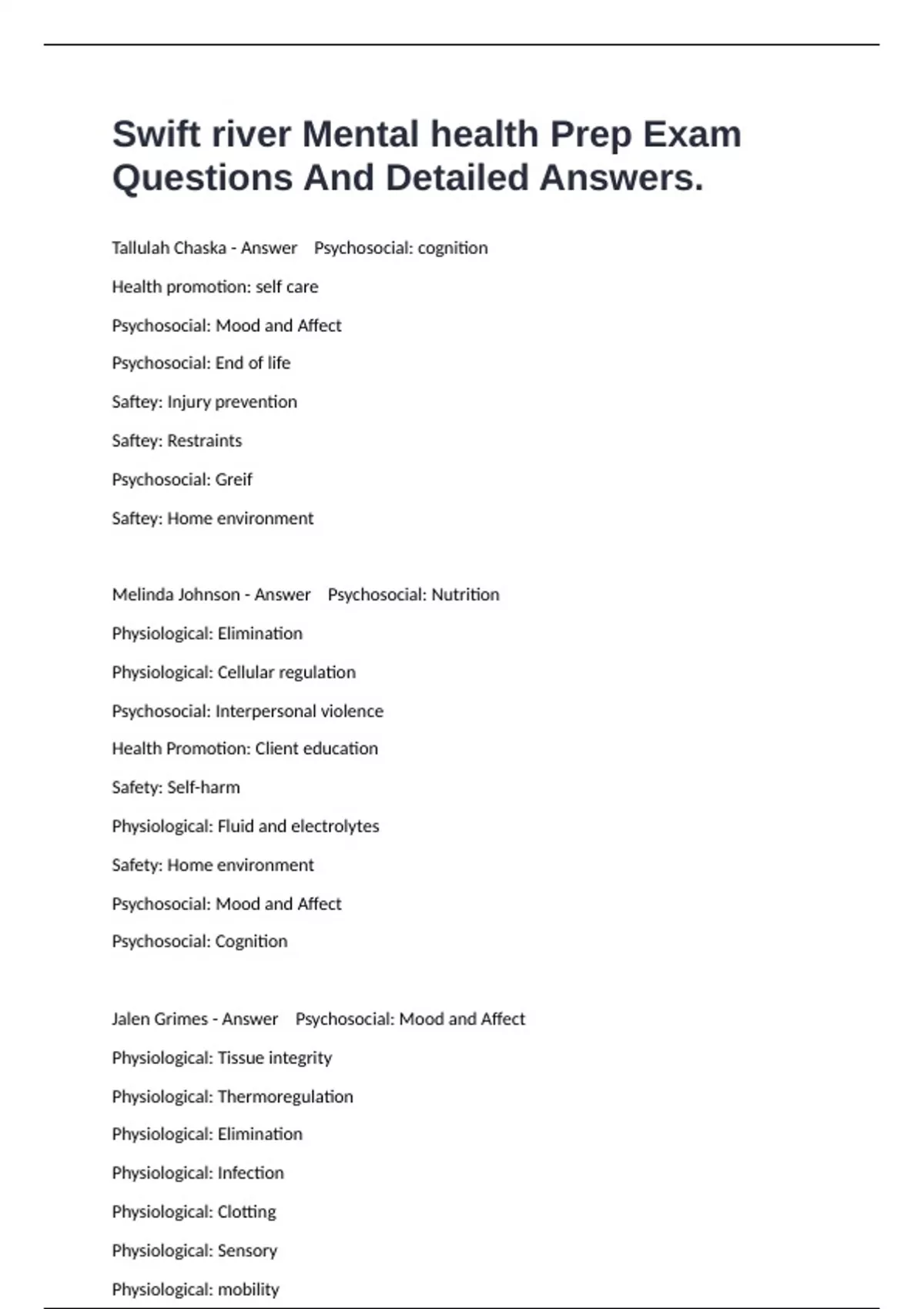 Swift river Mental health Prep Exam Questions And Detailed Answers ...