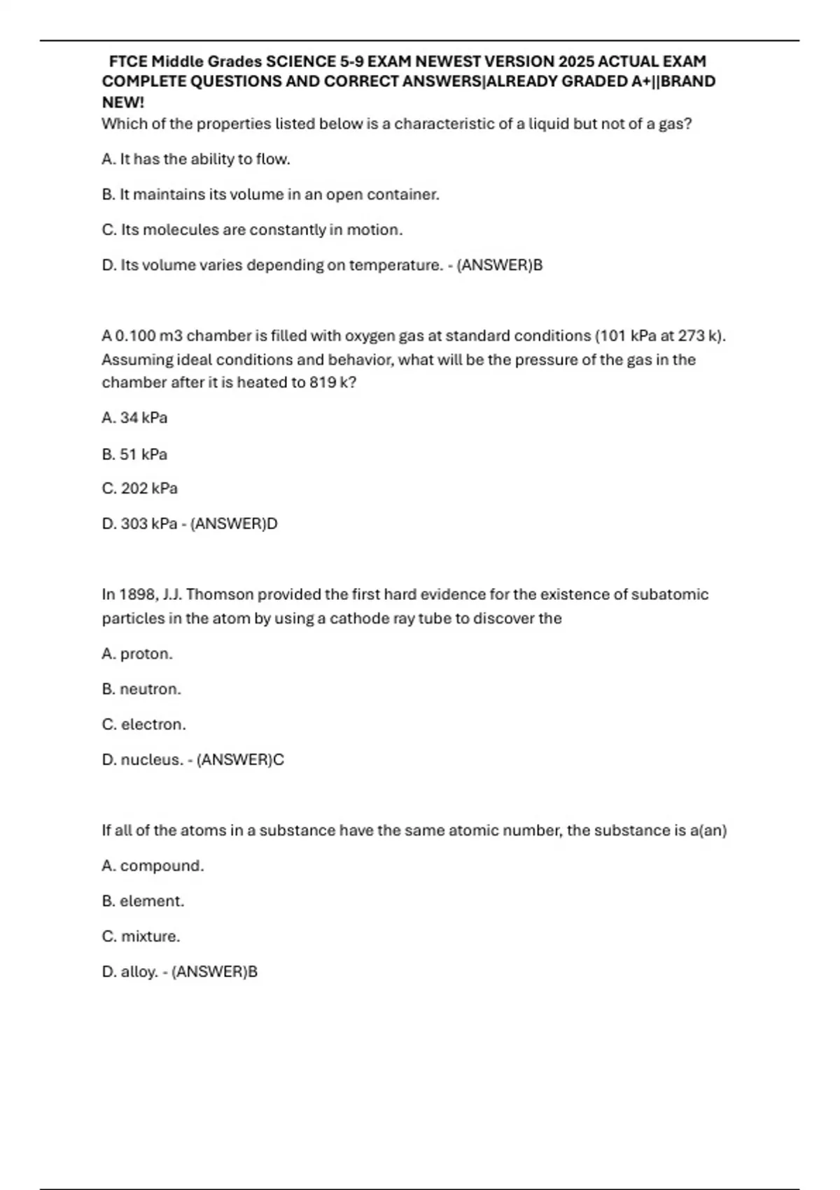 FTCE Middle Grades SCIENCE 5-9 EXAM NEWEST VERSION 2025 ACTUAL EXAM ...