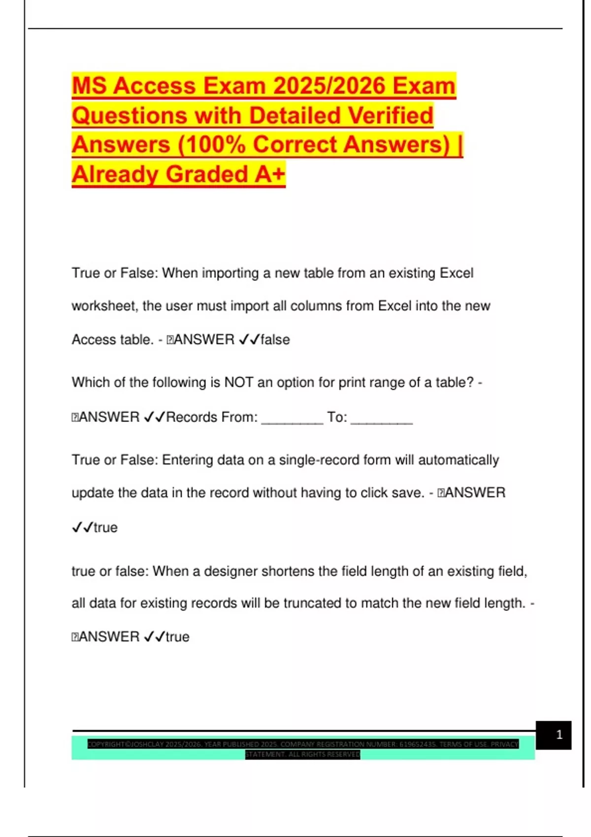MS Access Exam 2025/2026 Exam Questions with Detailed Verified Answers ...
