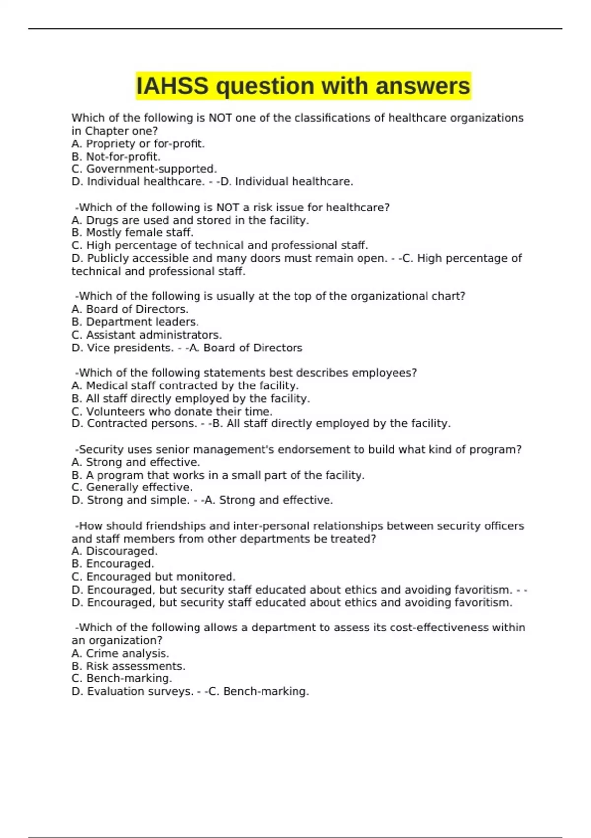 IAHSS question with answers - Iahss - Stuvia US