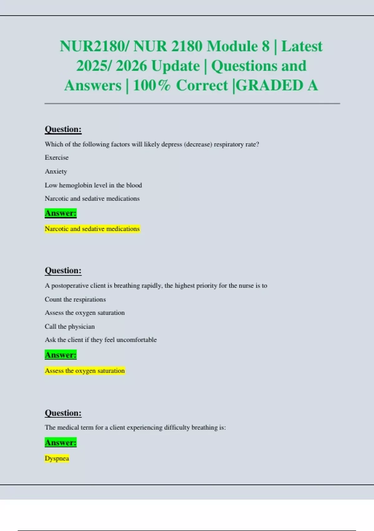 NUR 2180/ NUR2180 Physical Assessment QUIZ 8 and 9 (Latest 2025 / 2026 ...