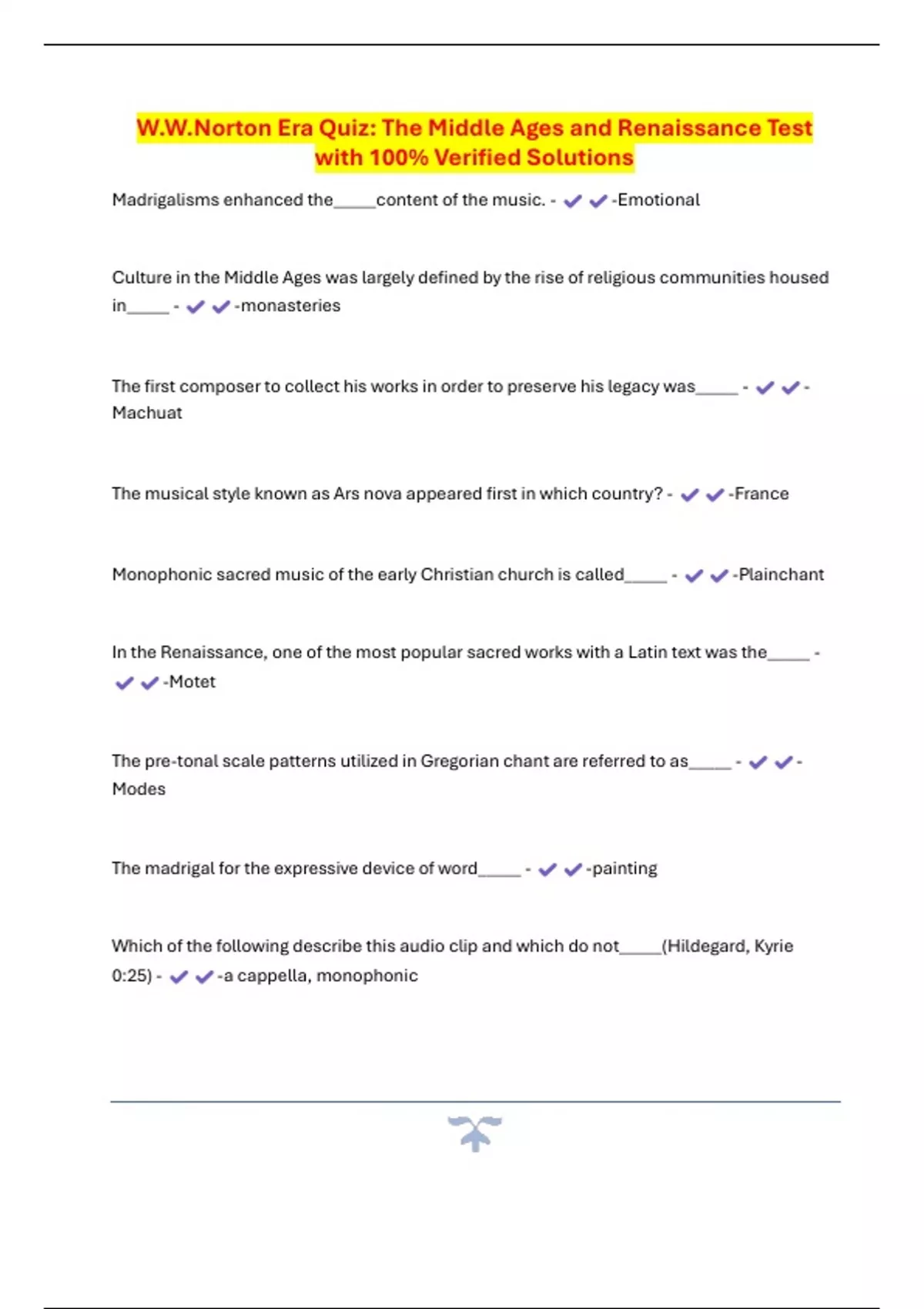 W.W.Norton Era Quiz: The Middle Ages and Renaissance Test with 100% ...