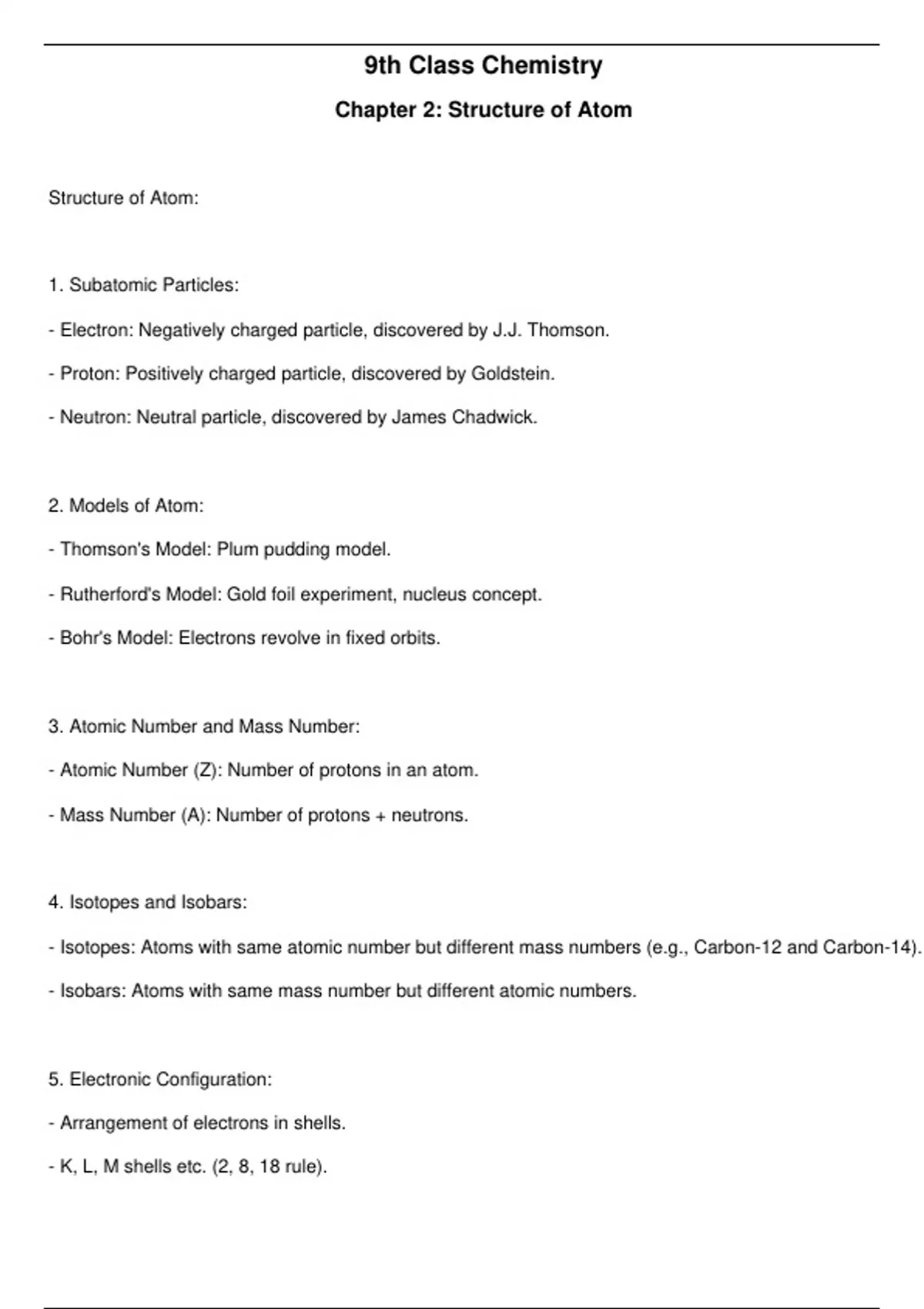 Title: 9th Class Chemistry Notes – Chapter 2: Structure of Atom - CHEM ...