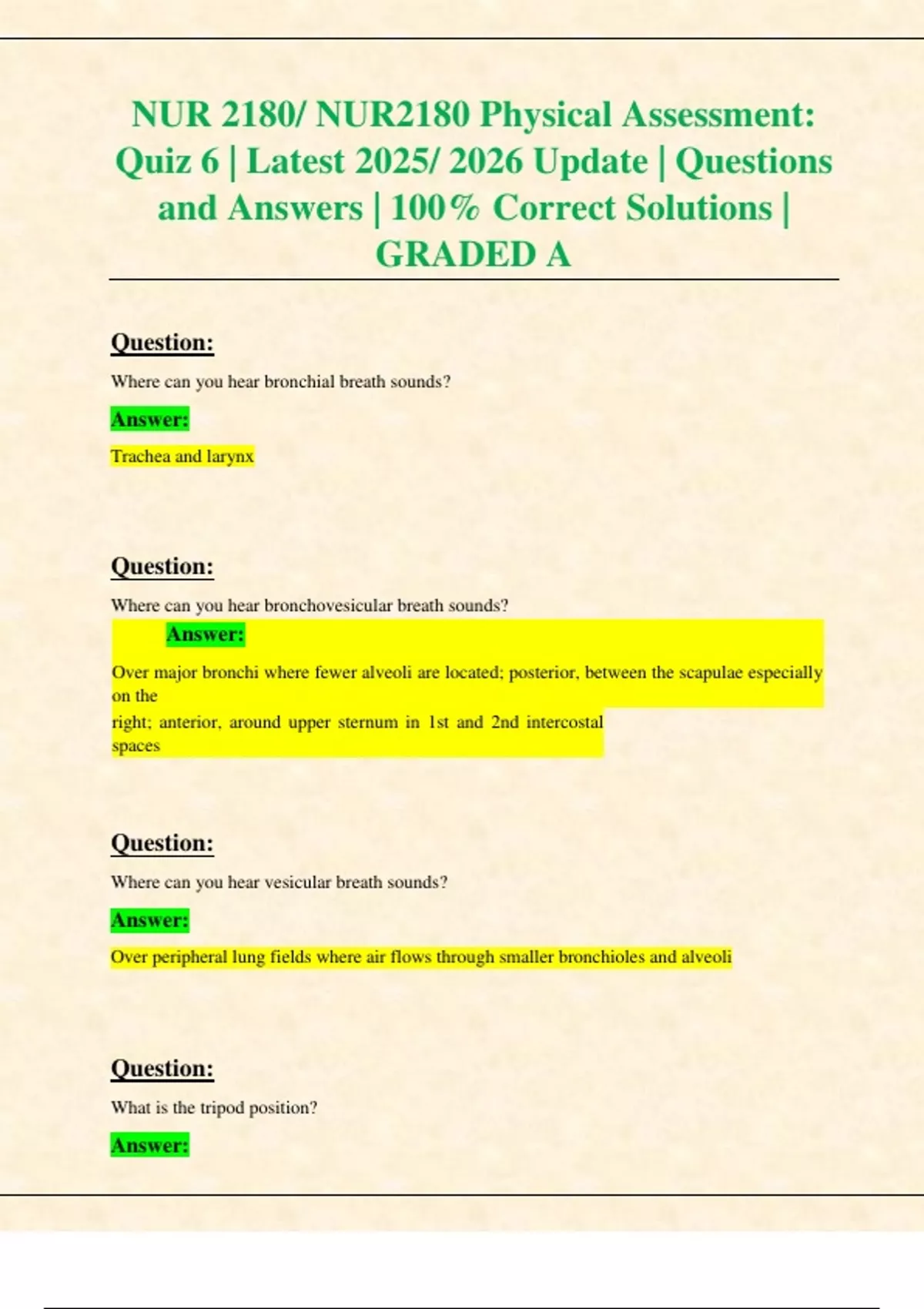 NUR 2180/ NUR2180 Physical Assessment QUIZ 6 and 7 (Latest 2025 / 2026 ...