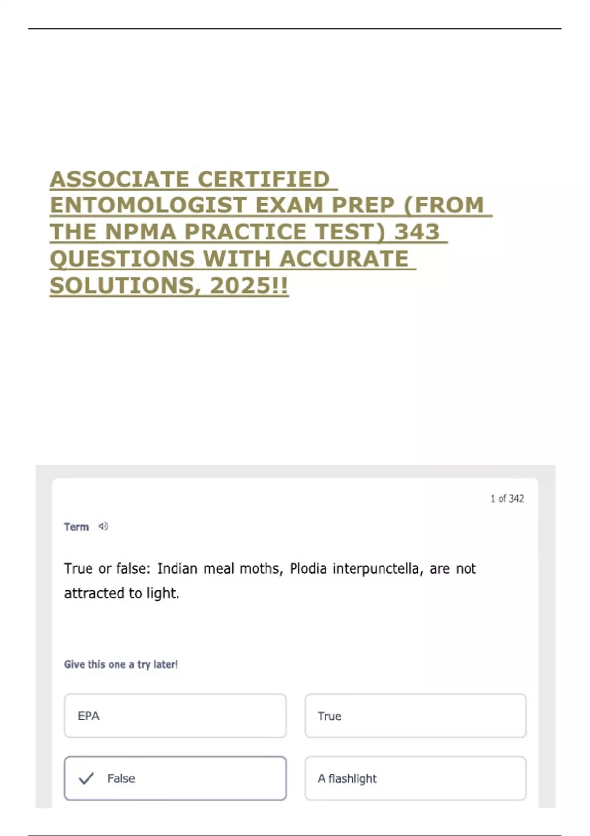 ASSOCIATE CERTIFIED ENTOMOLOGIST EXAM PREP (FROM THE NPMA PRACTICE TEST ...