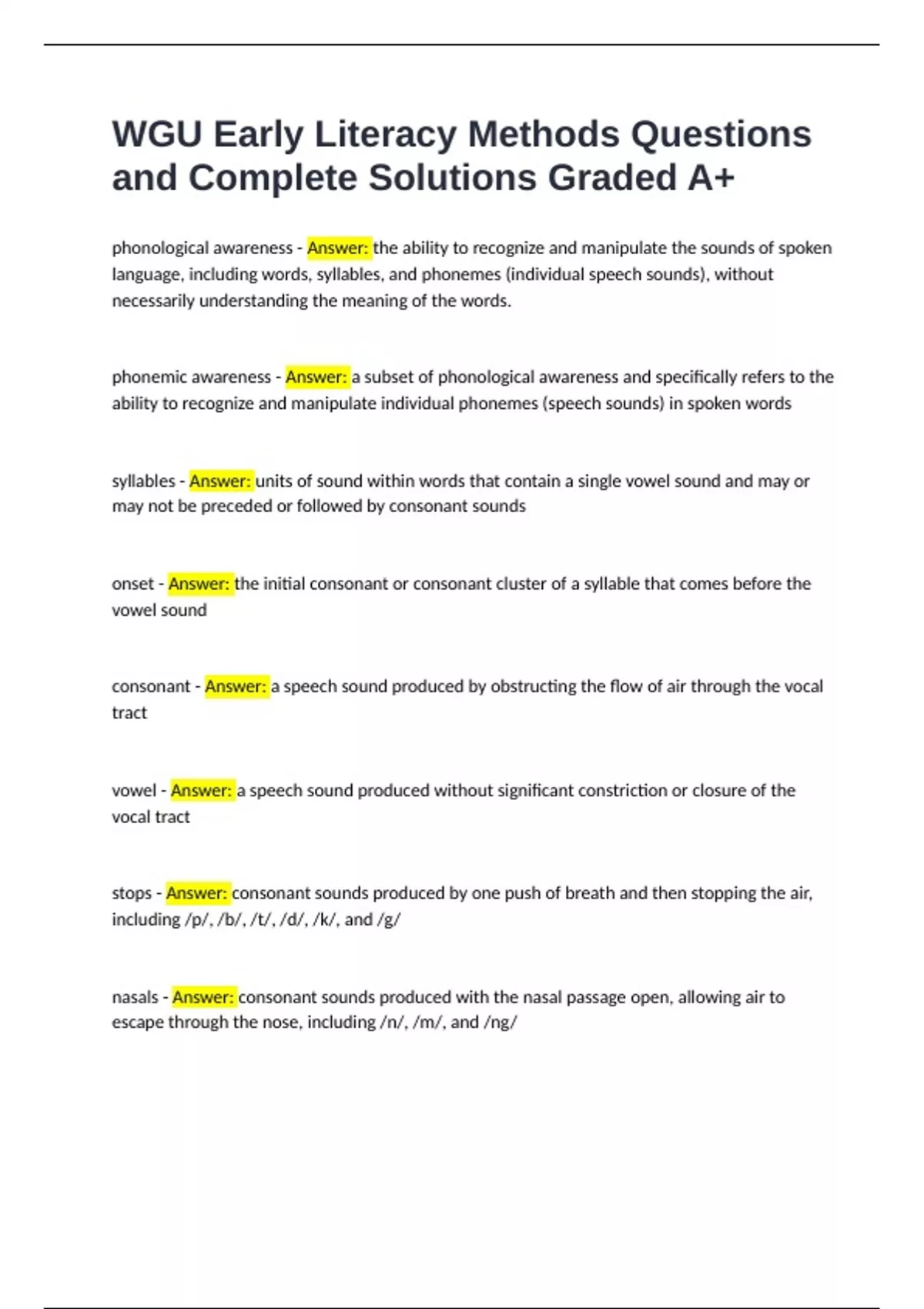 WGU Early Literacy Methods Questions and Complete Solutions Graded A+ ...