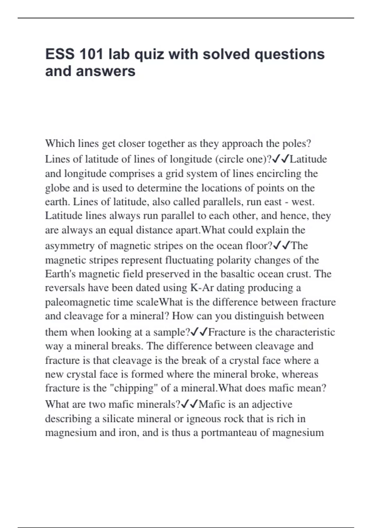 ESS 101 lab quiz with solved questions and answers - ESS 101 lab - Stuvia US