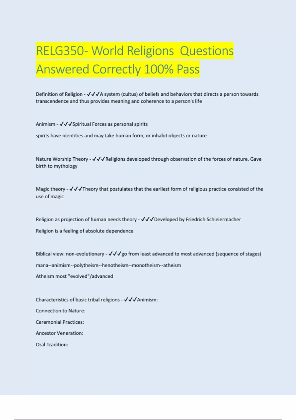 RELG350 - World Religions Questions Answered Correctly 100% Pass - RELG 1040 - Stuvia US