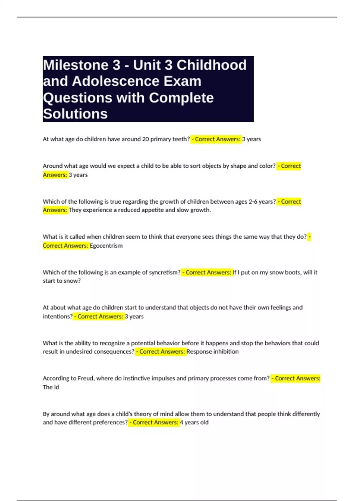 Milestone 3 - Unit 3 Childhood and Adolescence Exam Questions with ...