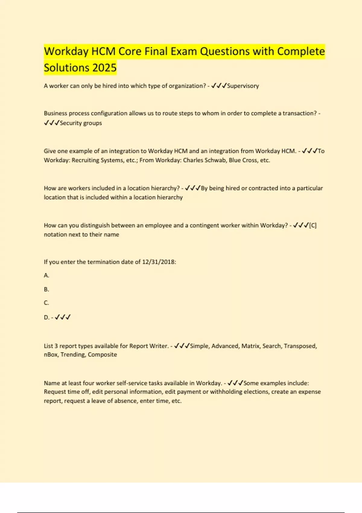 Workday HCM Core Final Exam Questions with Complete Solutions 2025 ...