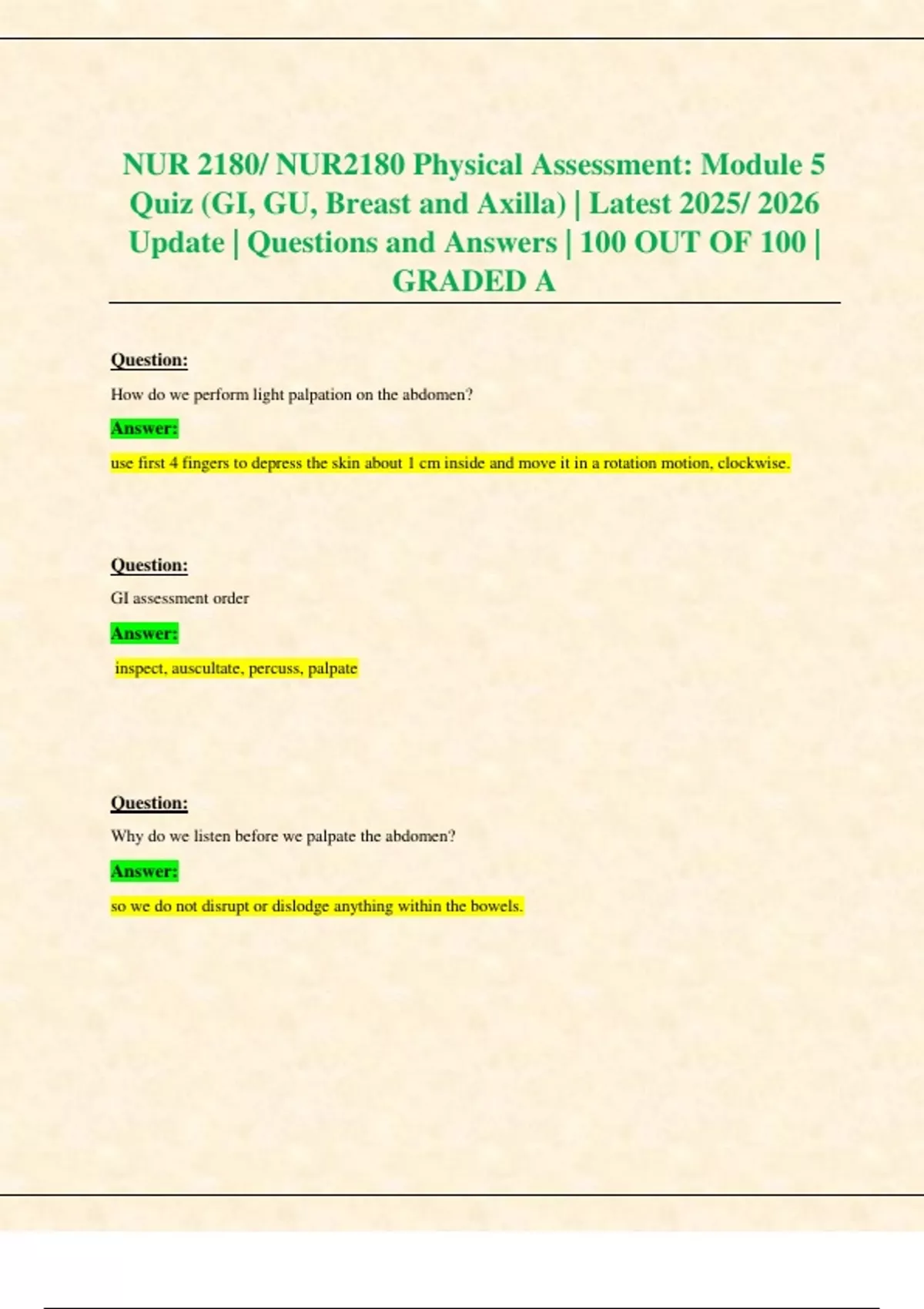 NUR 2180/ NUR2180 Physical Assessment: Module 5 Quiz (GI, GU, Breast ...