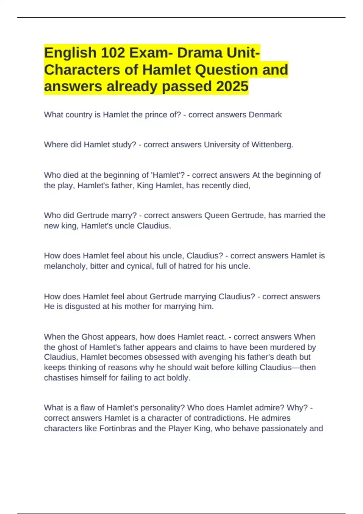 English 102 Exam- Drama Unit- Characters of Hamlet Question and answers already passed 2025 ...