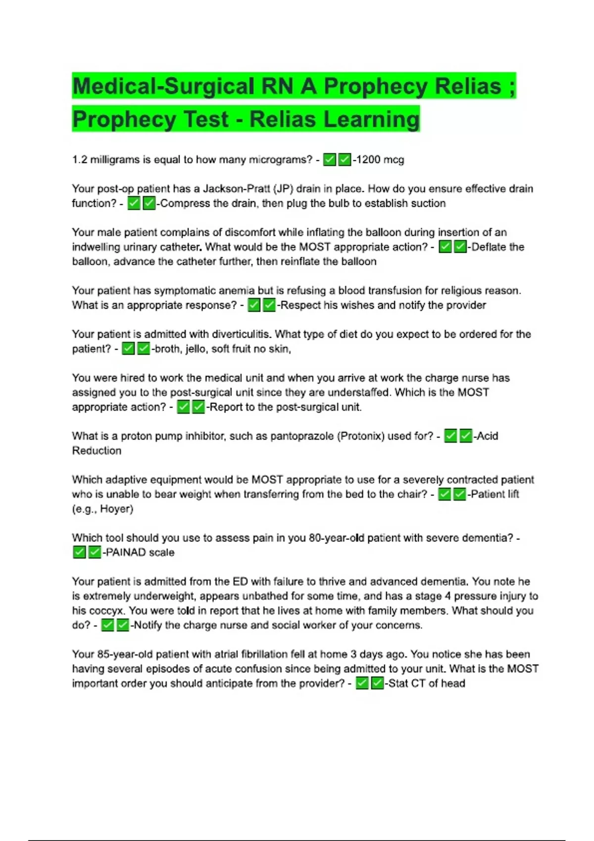 Medical-Surgical RN A Prophecy Relias Exam Prophecy Test - Relias ...