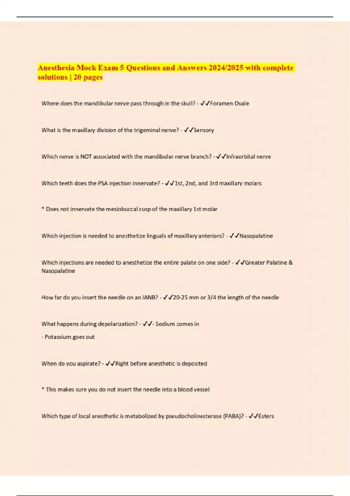 Anesthesia Mock Exam 5 Questions and Answers 2024/2025 with complete ...