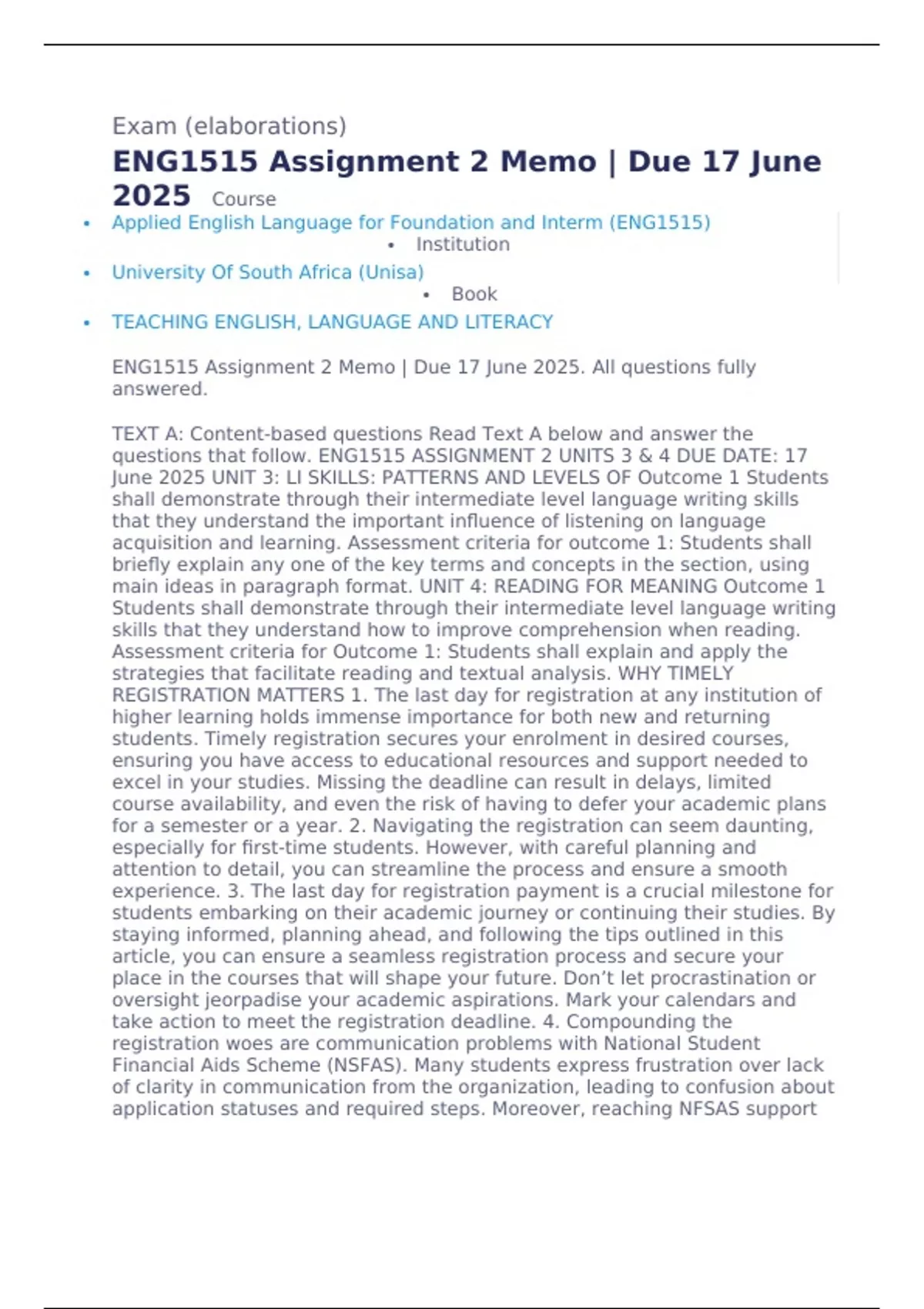 Exam (elaborations) ENG1515 Assignment 2 Memo | Due 17 June 2025 Course ...