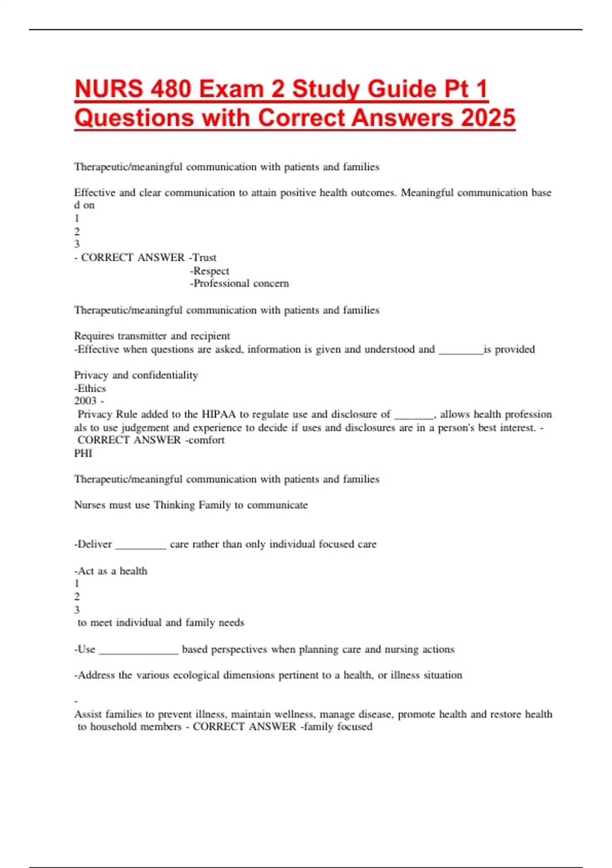 NURS 480 Exam 2 Study Guide Pt 1 Questions with Correct Answers 2025 - NURS 480 - Stuvia US