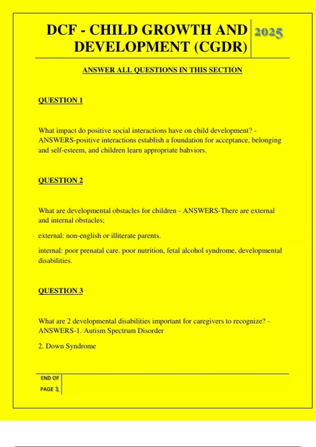 DCF - CHILD GROWTH AND DEVELOPMENT (CGDR) QUESTIONS AND ANSWERS 2025 ...