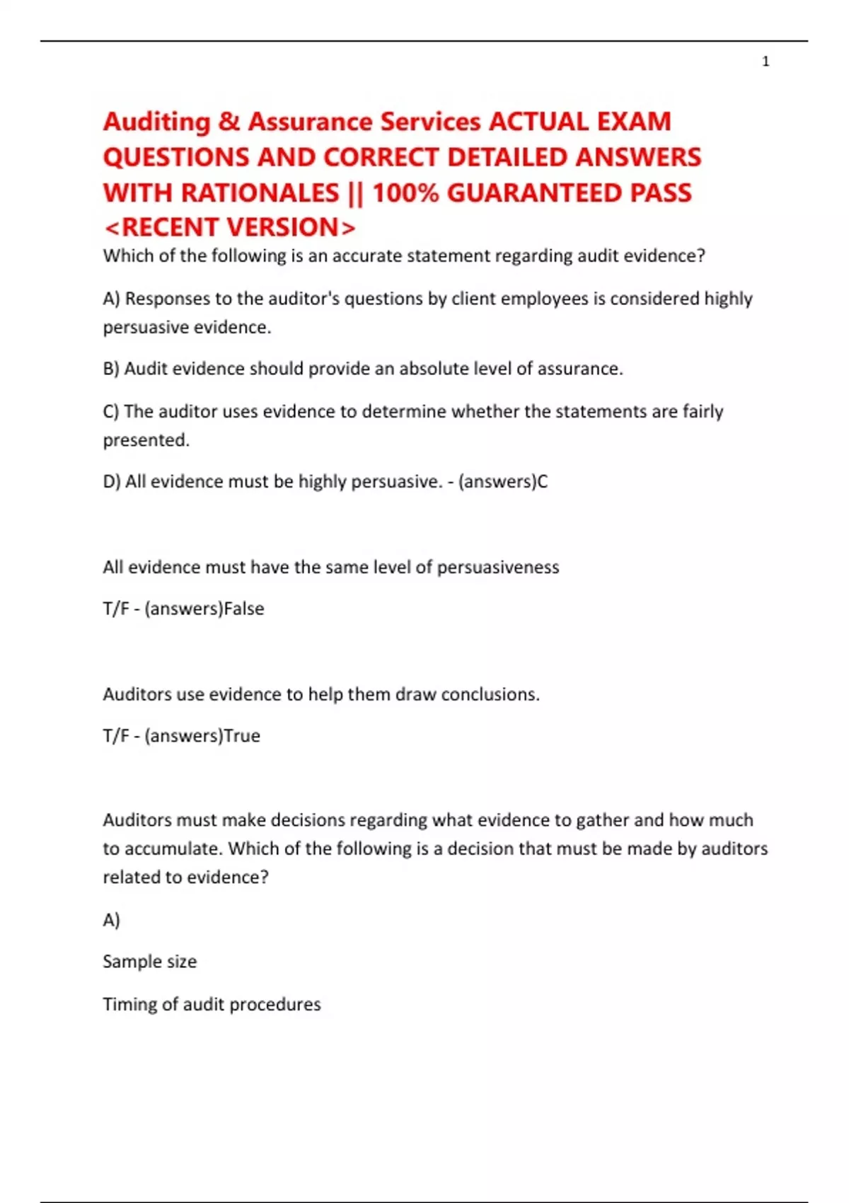 Auditing & Assurance Services ACTUAL EXAM QUESTIONS AND CORRECT ...