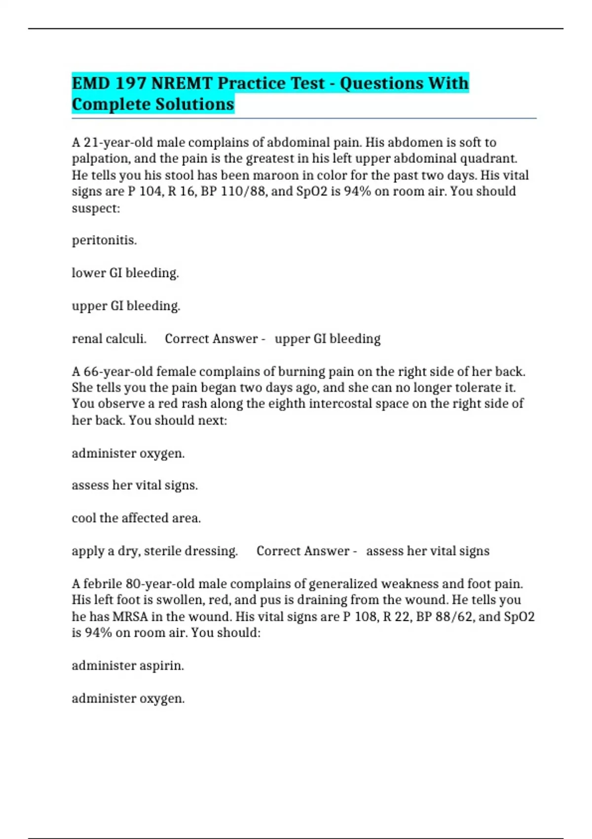 EMD 197 NREMT Practice Test - Questions With Complete Solutions - EMD ...