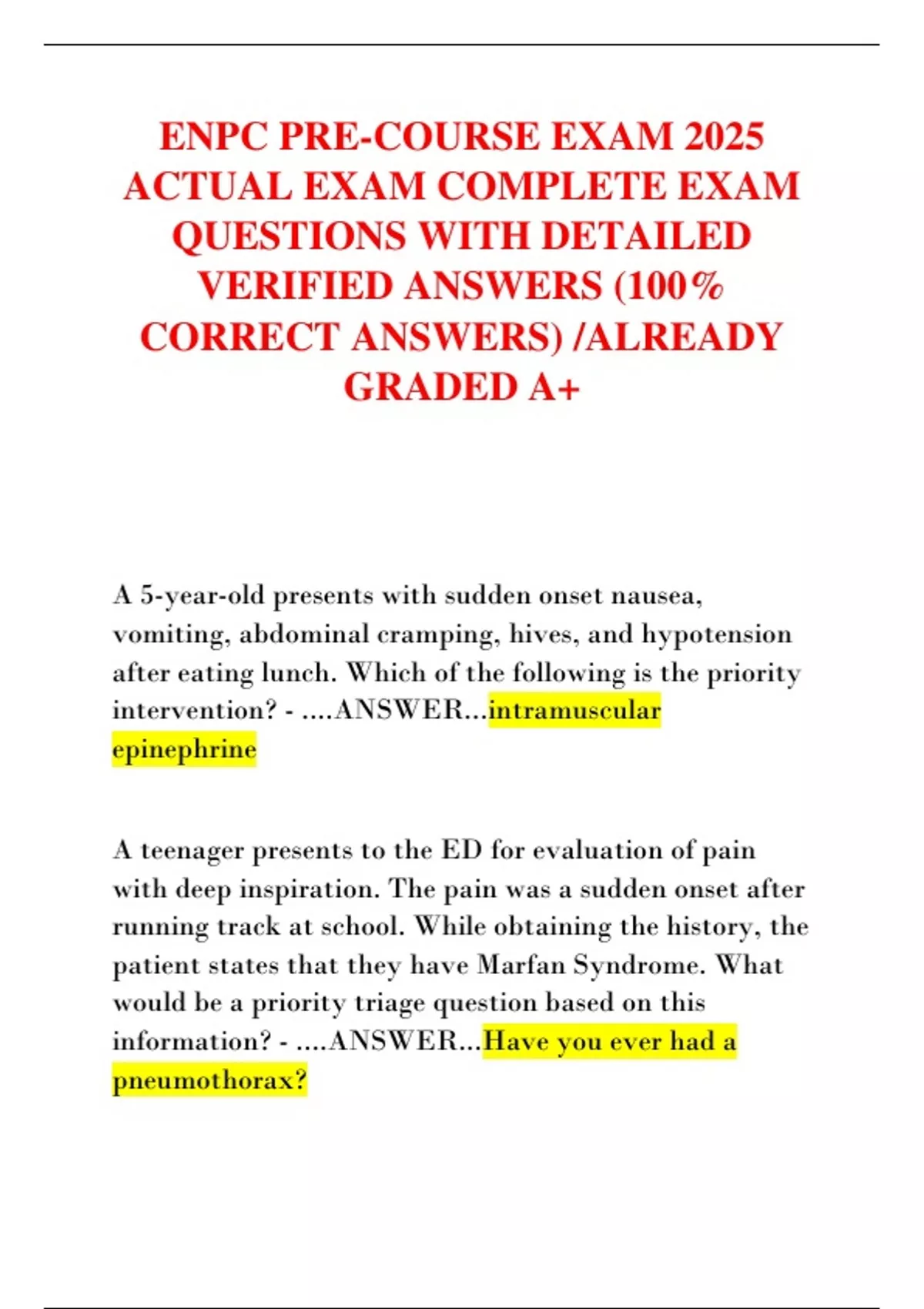 ENPC PRE-COURSE EXAM 2025 ACTUAL EXAM COMPLETE EXAM QUESTIONS WITH ...