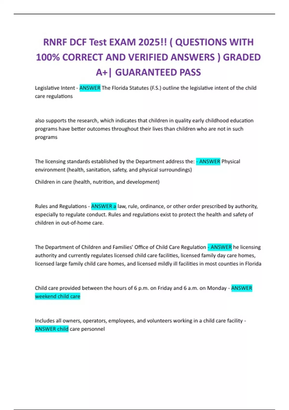 RNRF DCF Test EXAM 2025!! ( QUESTIONS WITH 100% CORRECT AND VERIFIED ...