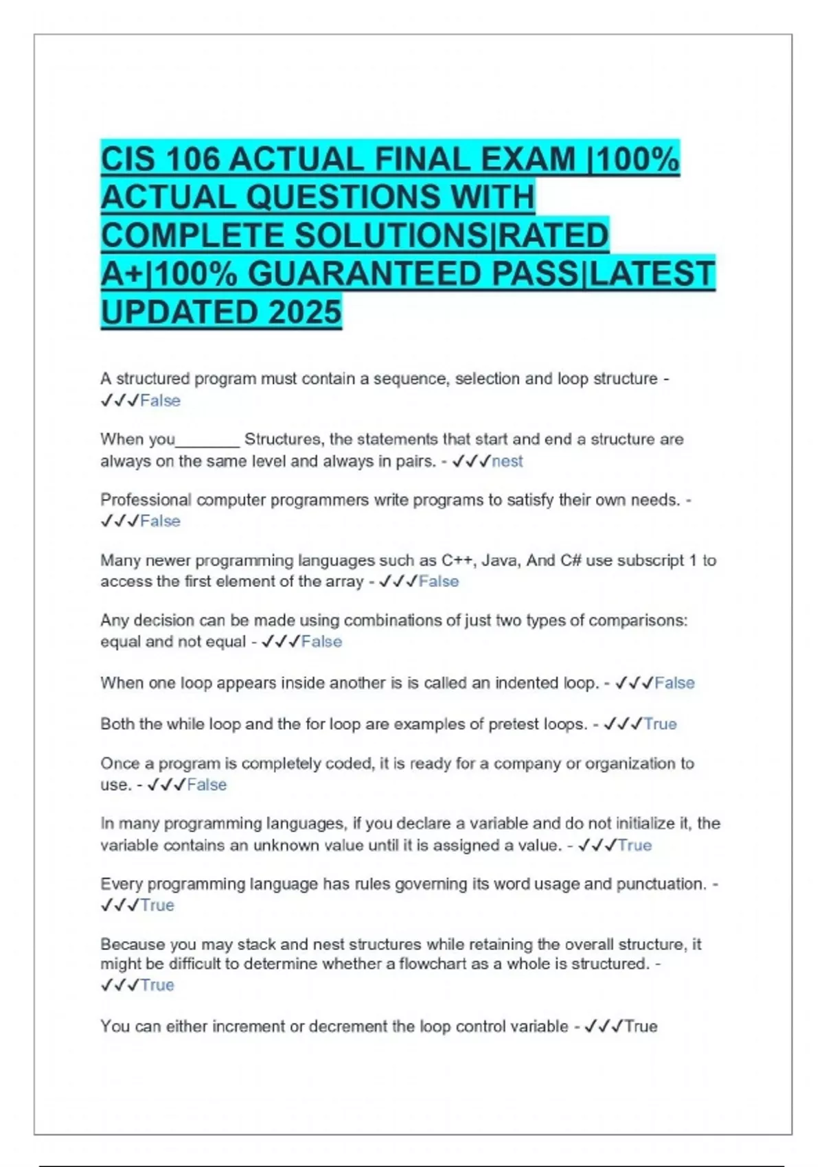 CIS 106 ACTUAL FINAL EXAM |100% ACTUAL QUESTIONS WITH COMPLETE ...