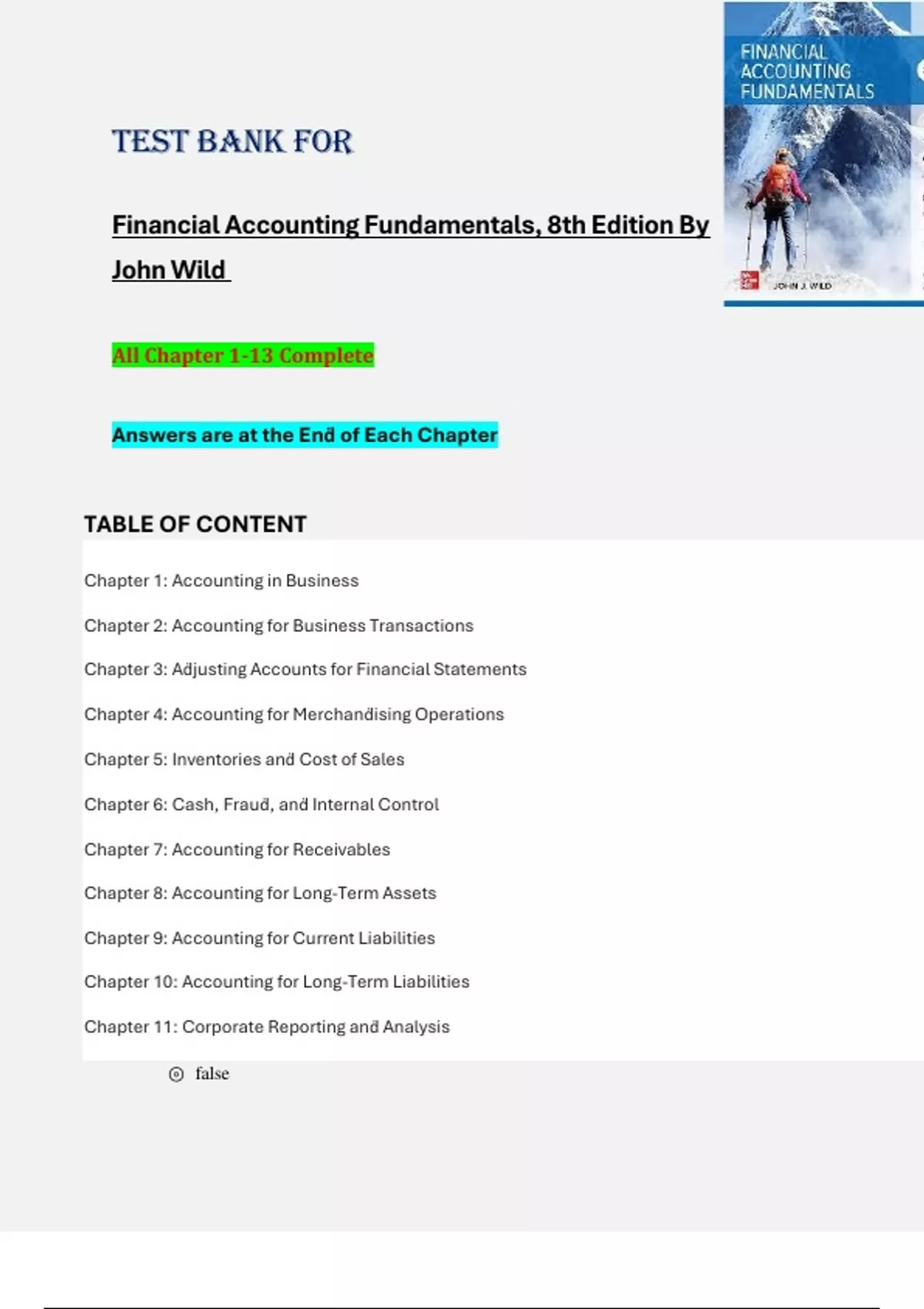 TEST BANK FOR Financial Accounting Fundamentals, 8th Edition By John ...