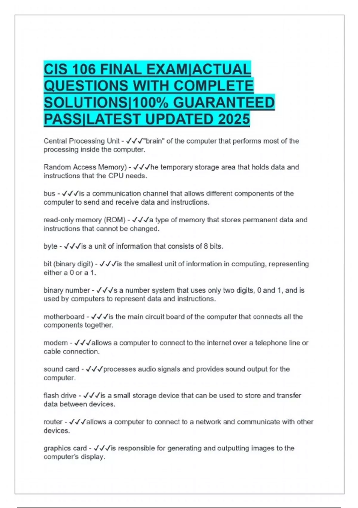 CIS 106 FINAL EXAM|ACTUAL QUESTIONS WITH COMPLETE SOLUTIONS|100% ...